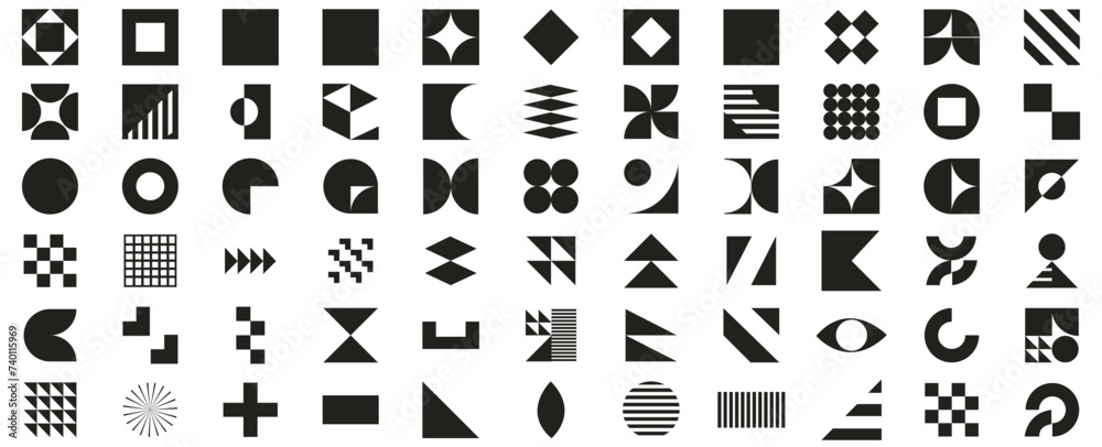 Brutalism abstract geometric shapes. Vector set of retro y2k minimal graphic icons, logos ...