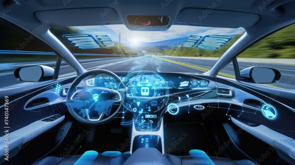 Futuristic car dashboard and steering with advanced navigation system ...