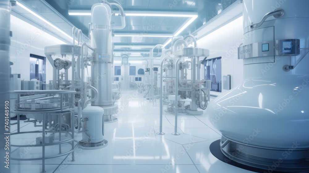 an industrial factory producing whey protein, featuring futuristic ...