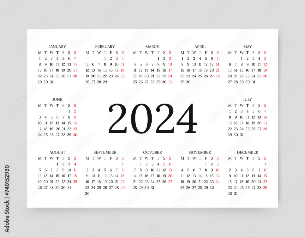 2024 year calendar. Calender layout. Week starts Monday. Monthly ...