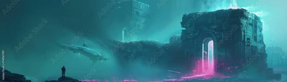 Underworld portal in a minimalist castle cyberpunk adventurers ...