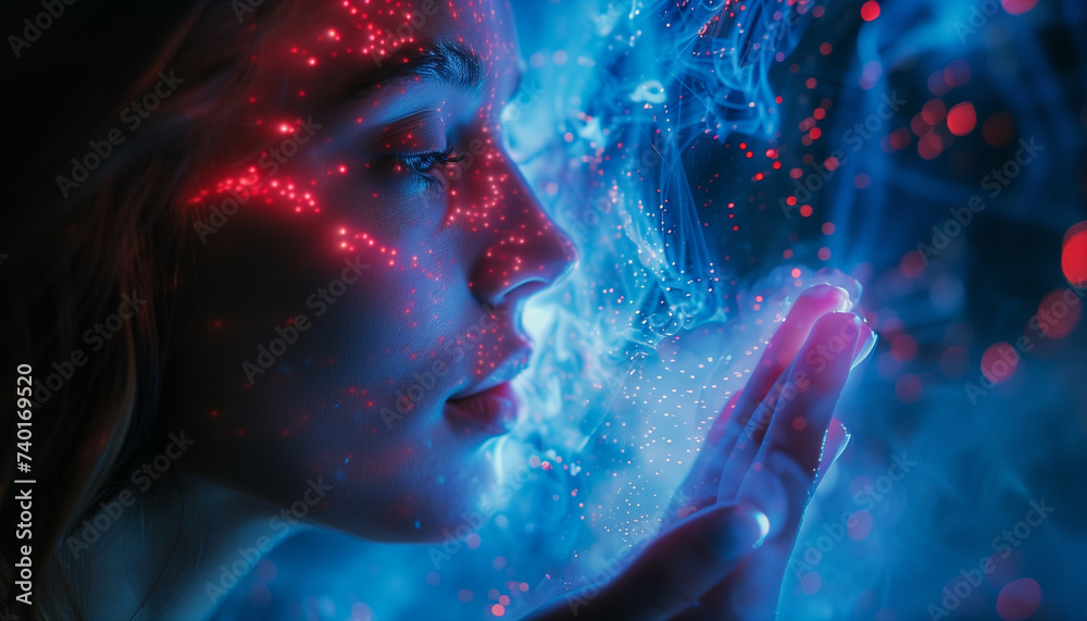 Beautiful young woman touching hologram screen while standing in server ...