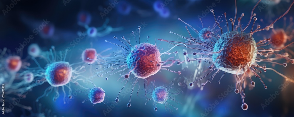 Microscope molecular structure of cancer , blood cells, banner, inside ...