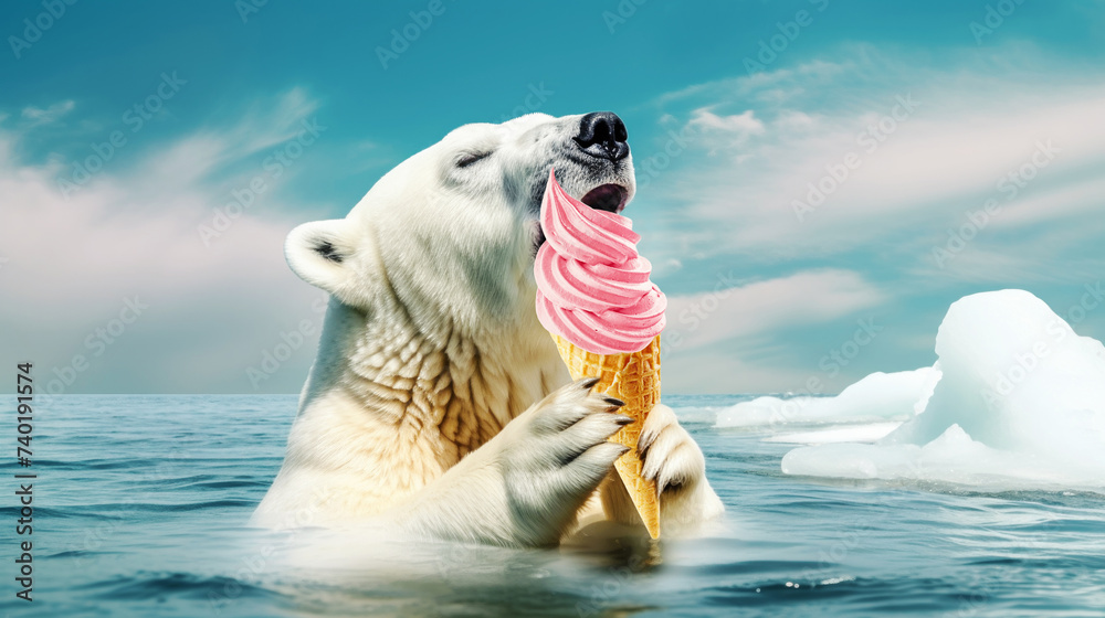 A polar bear eating an ice cream cone while submerged in water ...