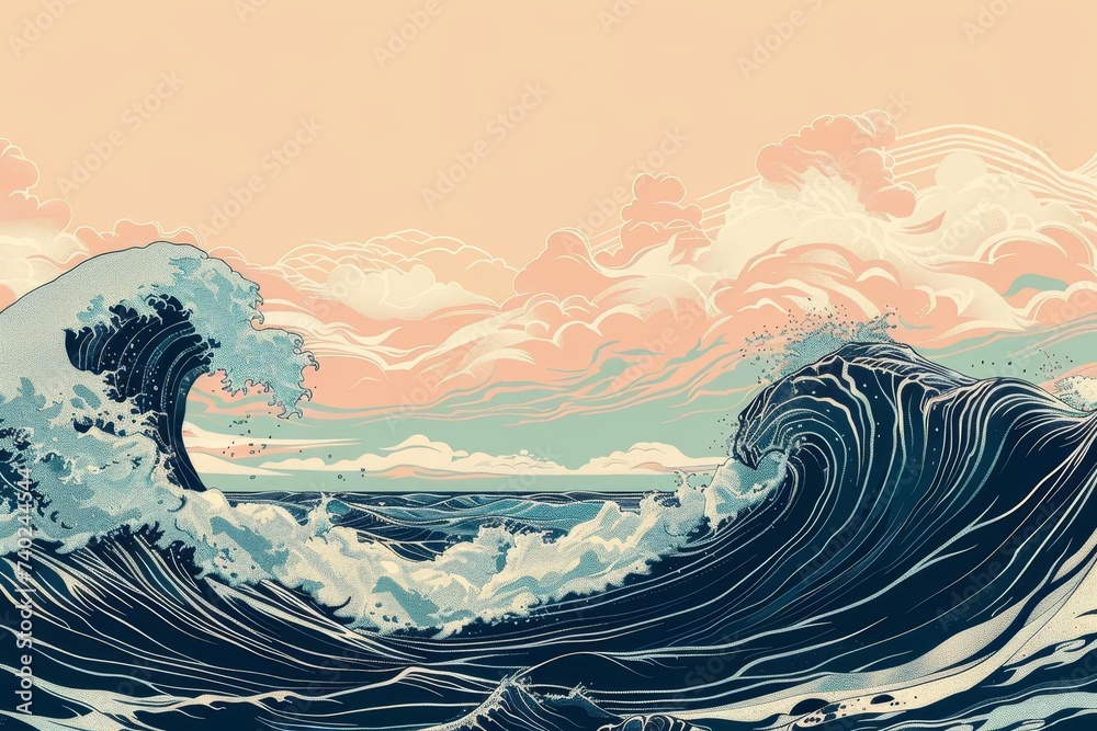 Japanese-style illustration of a massive ocean wave Capturing the power ...