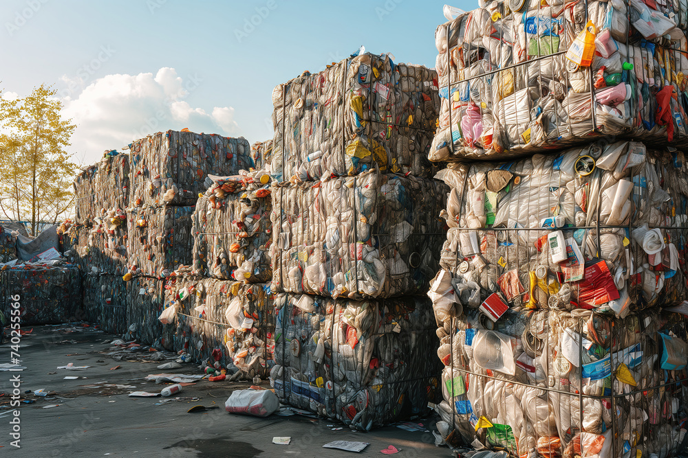 Multiple cubes of compressed plastic garbage near the waste recycling ...