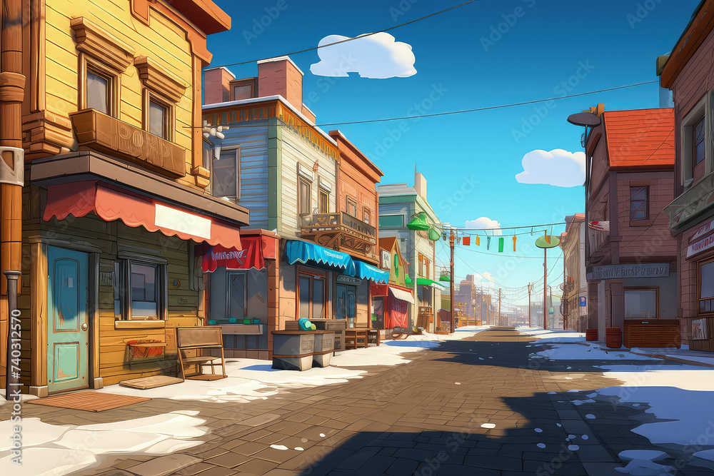 Vibrant city street scene with tall buildings and a bench in the ...
