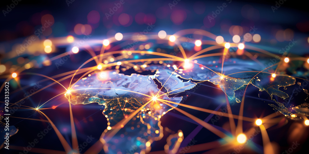Digital world map, Africa and Asia, concept of global network and ...