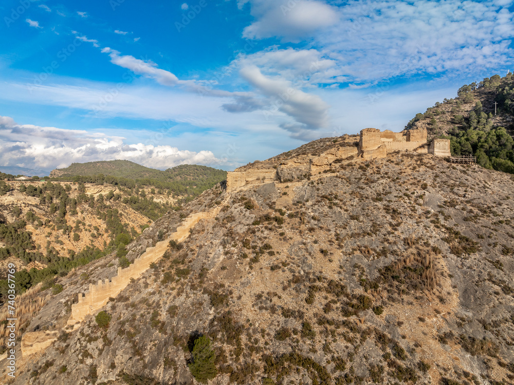 Aerial view of Pliego town and medieval castle in Southern Spain ...
