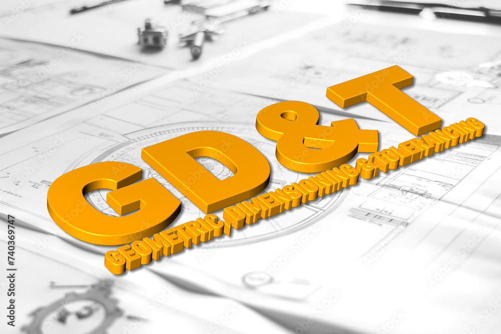 3D illustration of Geometric dimensioning and tolerancing text, concept ...