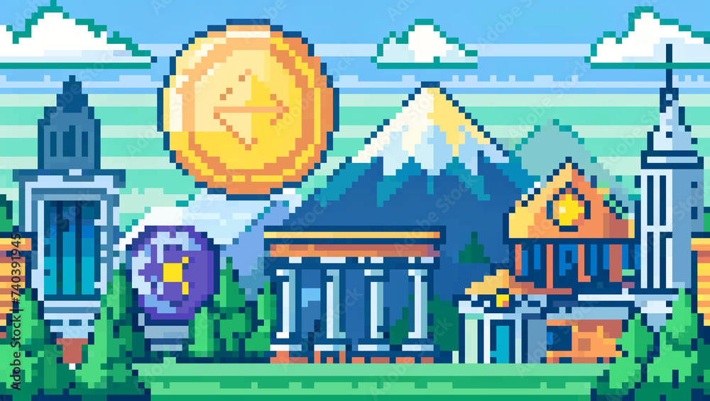 Pixel art illustration that captures the essence of the cryptocurrency ...