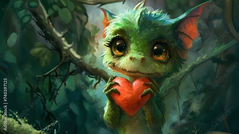 Fantasy creature holding a heart in forest" Magical, enchanting style ...