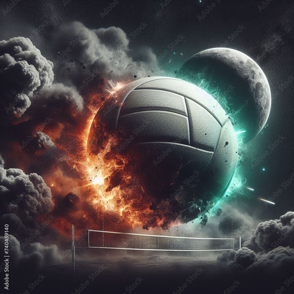 Volleyball ball depicted as a planet in space with black smoke ...