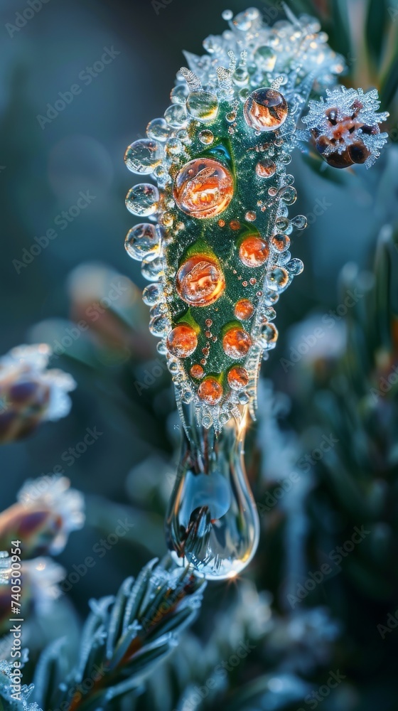 Icicle droplet at the tip of a hornets stinger within which a fierce ...