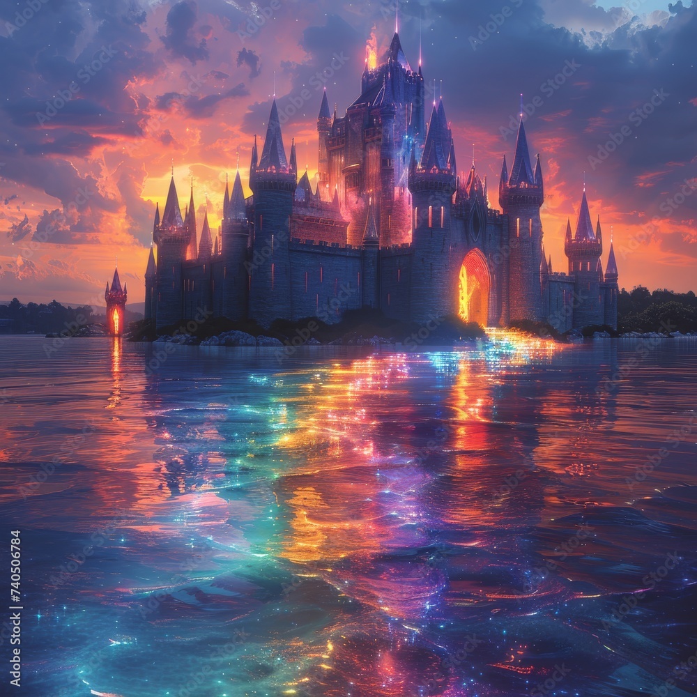 Obsidian castle shimmering with a rainbow moat reflecting a spectrum of ...