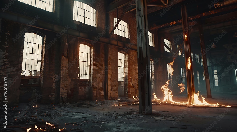 Wide view of an abandoned burned brick industrial building with flame marks coming out the ...