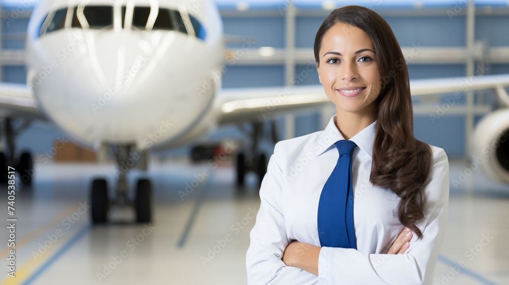 Beautiful female cabin crew air hostess smiling at the camera, Flight ...