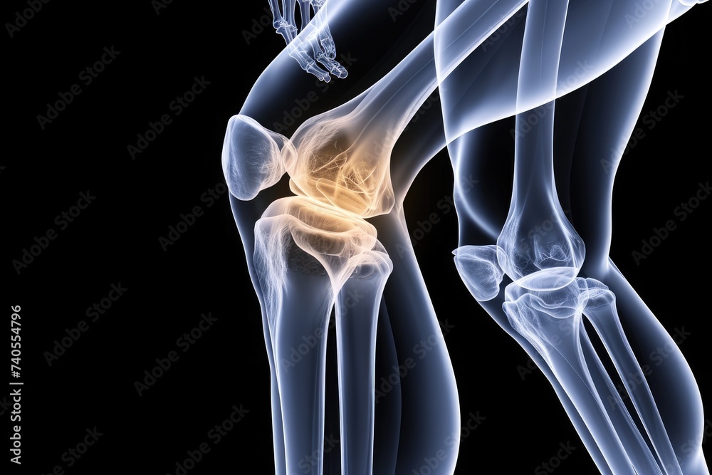 The photograph shows the knee joint with the bones clearly visible ...