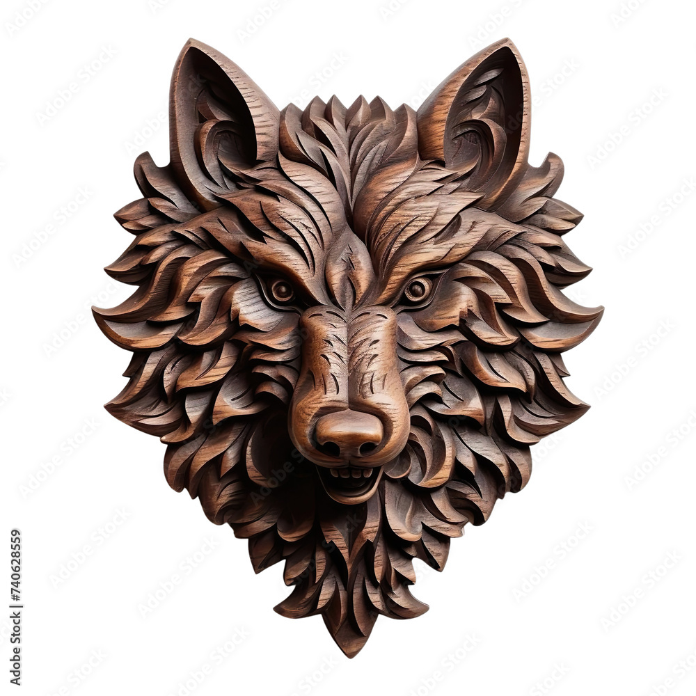 Mahogany wooden engraving Wolf head trophy, wall hanging Isolated on ...