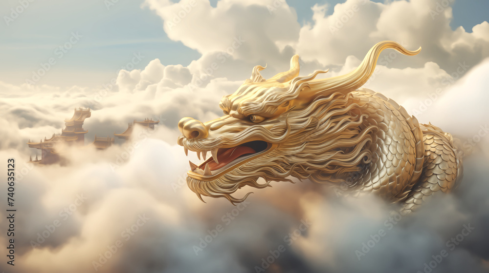 Chinese dragon dancing on the clouds, and Chinese gold dragon with ...