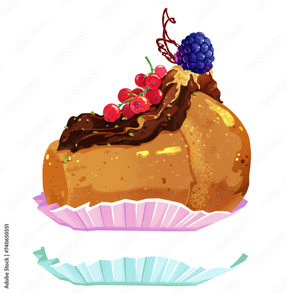 Babà con crema di cioccolato fondente, ribes, mora e glassa. Due carte ...