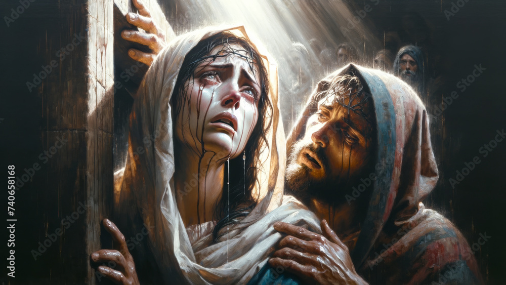 Stock-Illustration „The Crucifixion: The Sorrow of Mary comforted by ...