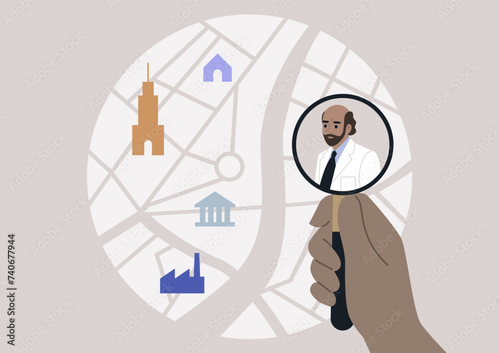 Find a specialist, a magnifying glass scaling up a city map, a doctor ...