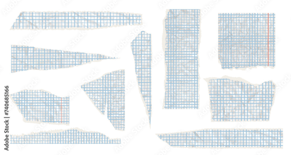 Torn ripped notebook papers, Cut sheets with square grid, cutout ...