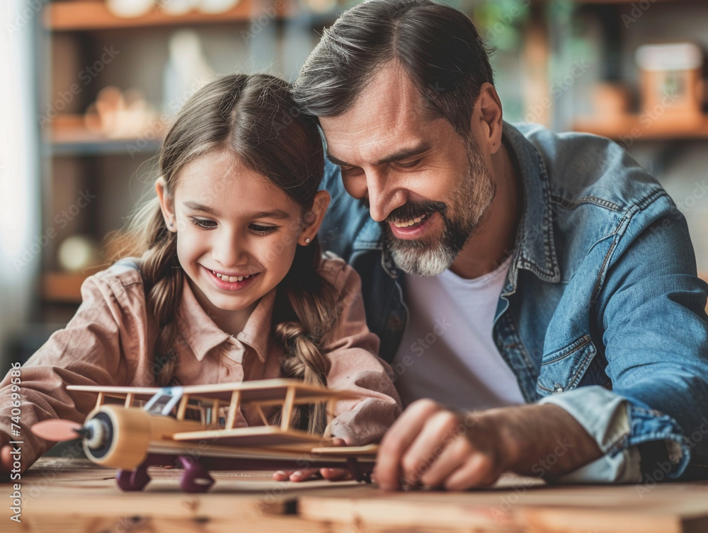 Father and daughter building a model airplane integrating an abstract ...