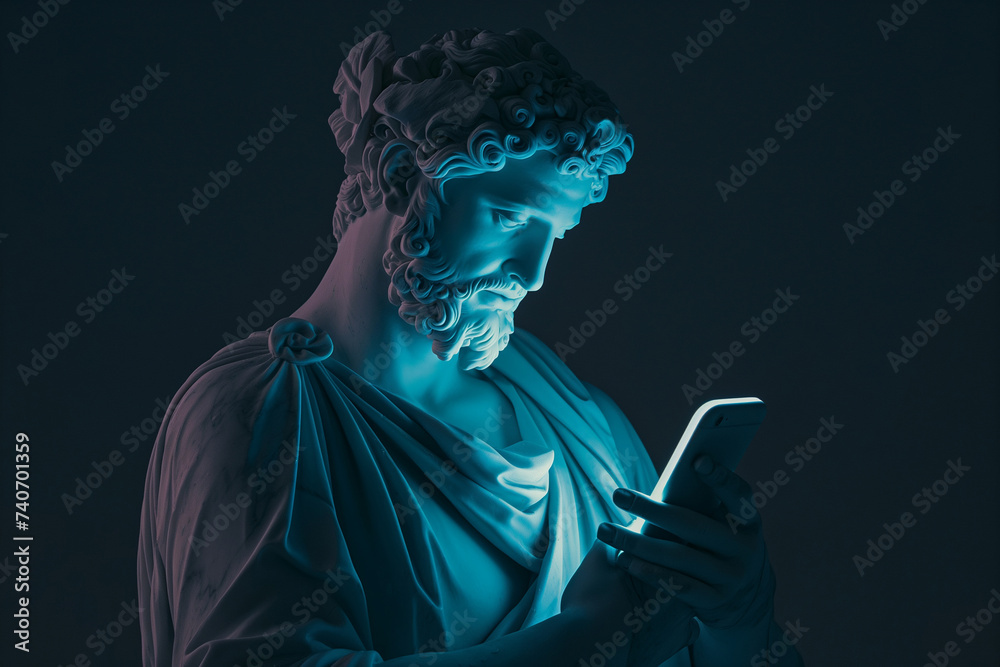 Ancient Greek god sculpture holding a smartphone in the dark. Statue of ...