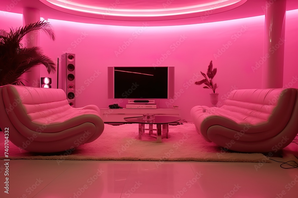 Pink tv lounge of pink color with pink background pink interior and ...