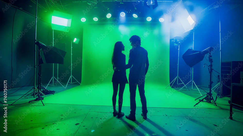 Studio Scene with Man and Woman on Green Screen Set for Video ...