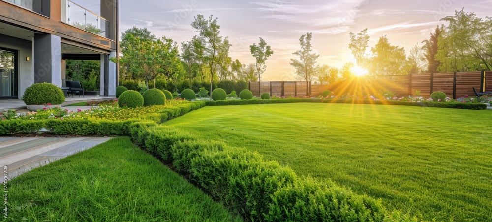 Neatly landscaped backyard of a modern home with trimmed hedges and a ...