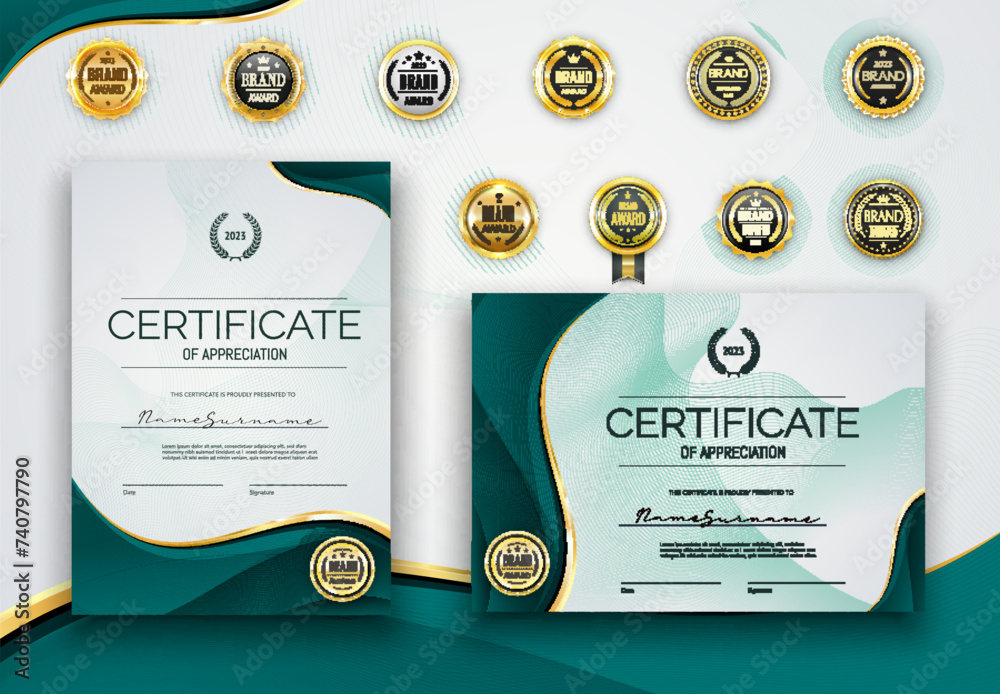 Turquoise certificate diploma award template with golden seals ...