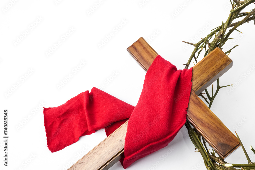 Jesus Wooden cross wrapped with red cloth and Crown of Thorns used by ...
