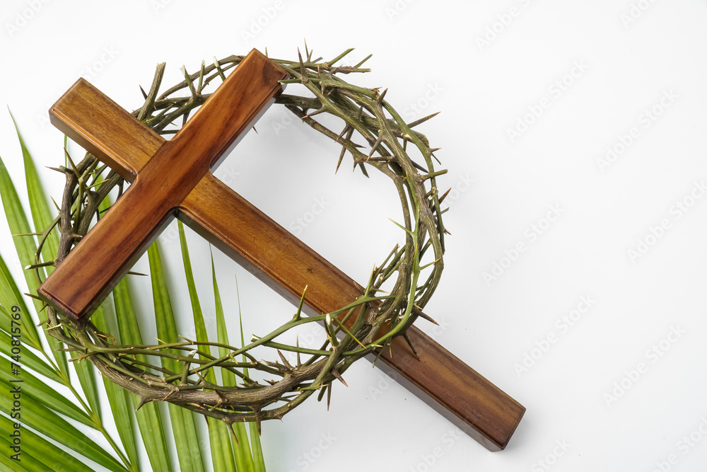 Illustration of Jesus Wooden cross with palm leaves and Crown of Thorns ...