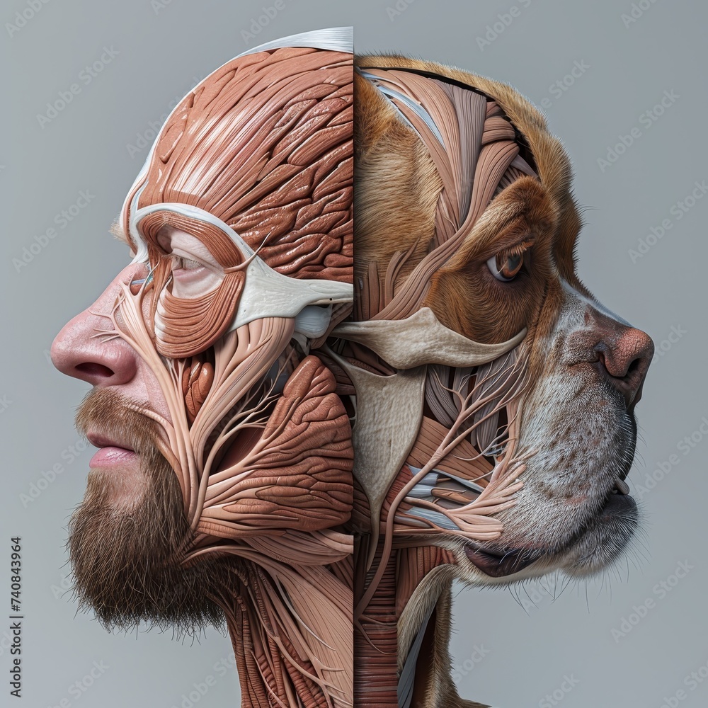 This side-by-side anatomical comparison illustrates the musculature of ...