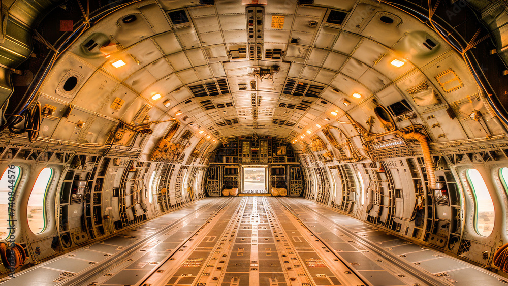 Inside view of an empty cargo plane's interior showing the spacious ...