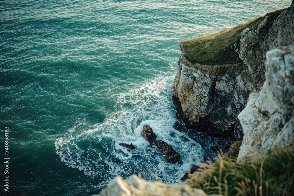 Stock-Foto „A striking cliff formation stands tall against a scenic ...