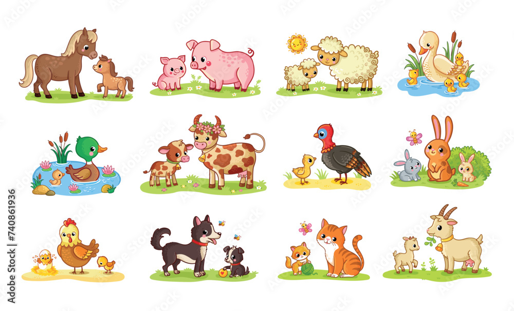 Vector illustration with domestic farm animals. Set of animals in ...