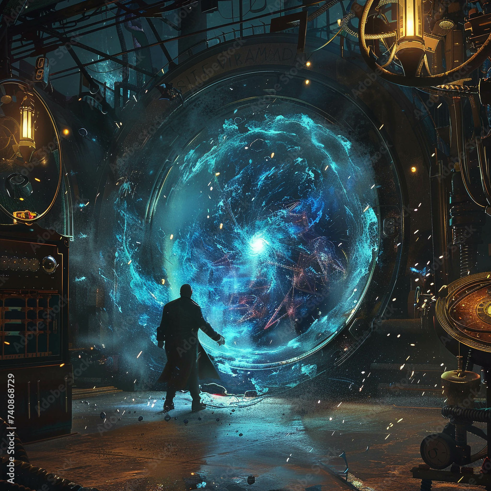 Time warp portal opening in a secret lab detective stepping through to ...