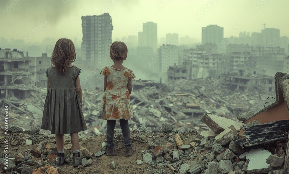 small kids standing in city destroyed by war, children in town ...