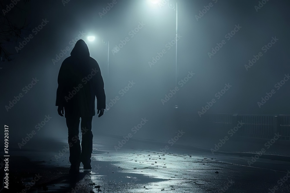 Mysterious figure walking down a dimly lit street at night Casting a ...