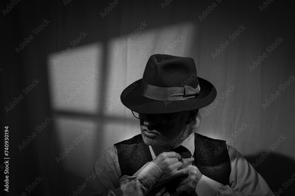 Film Noir style detective wearing a Fedora hat, tie and waistcoat in a ...