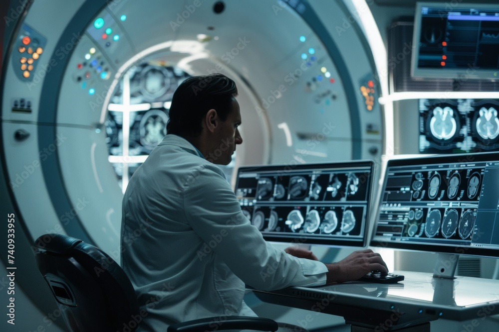Doctor examining X-ray images on display in MRI control room while in ...