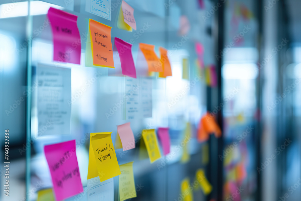 Colored post-it notes on an office wall. A slide background for ...