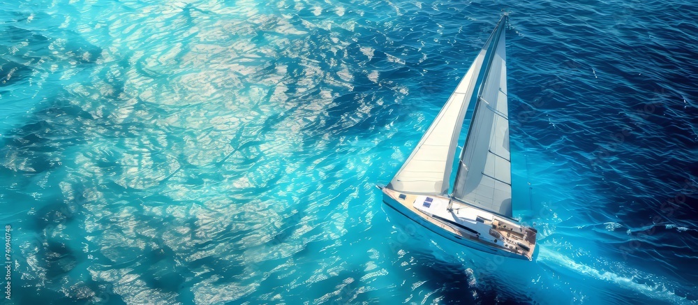 Aerial perspective of a sailboat gracefully sailing across the aqua ...