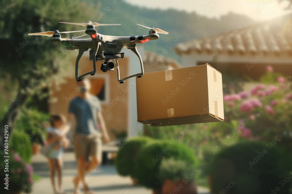 Stock-Illustration „Smart package Drone Delivery tech development. Parcel urban planning drone ...