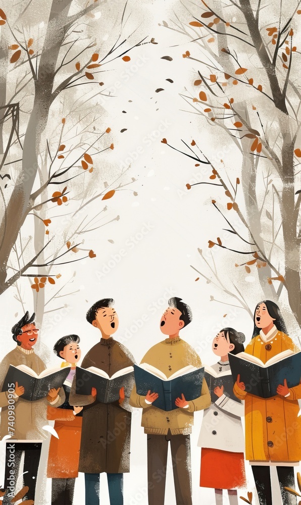 The image depicts six individuals standing amidst a forest with ...