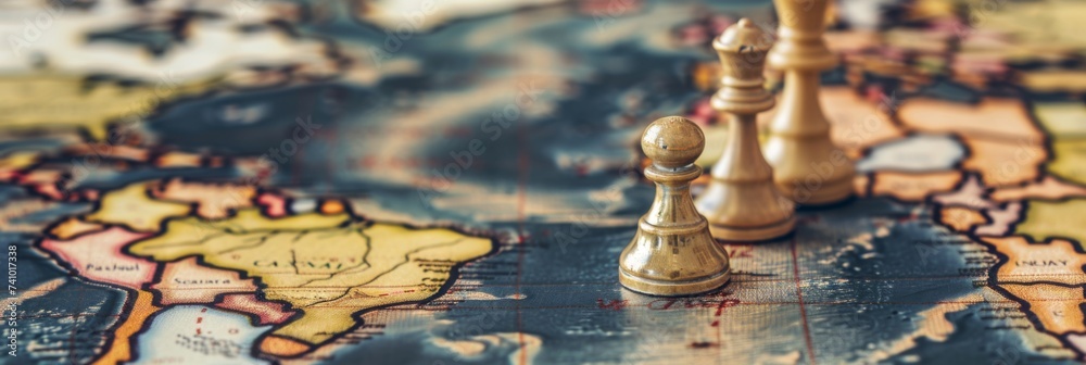 Global Strategy Game - Chess pieces on a world map, symbolizing global ... Global Strategy Game - Chess pieces on a world map, symbolizing global ...